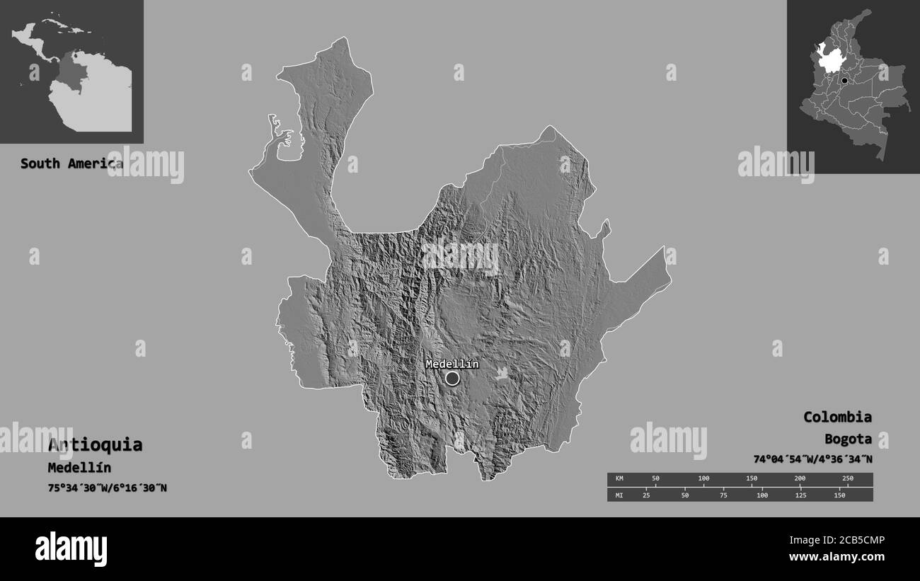 Shape of Antioquia, department of Colombia, and its capital. Distance ...