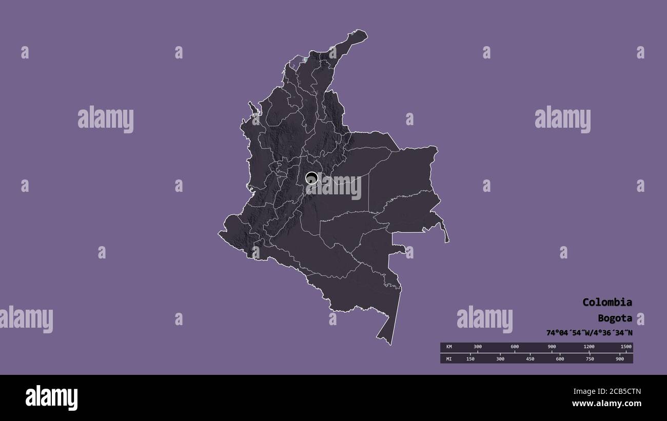 Desaturated shape of Colombia with its capital, main regional division ...