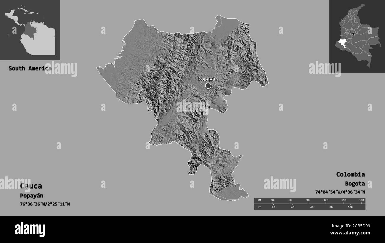Shape of Cauca, department of Colombia, and its capital. Distance scale ...