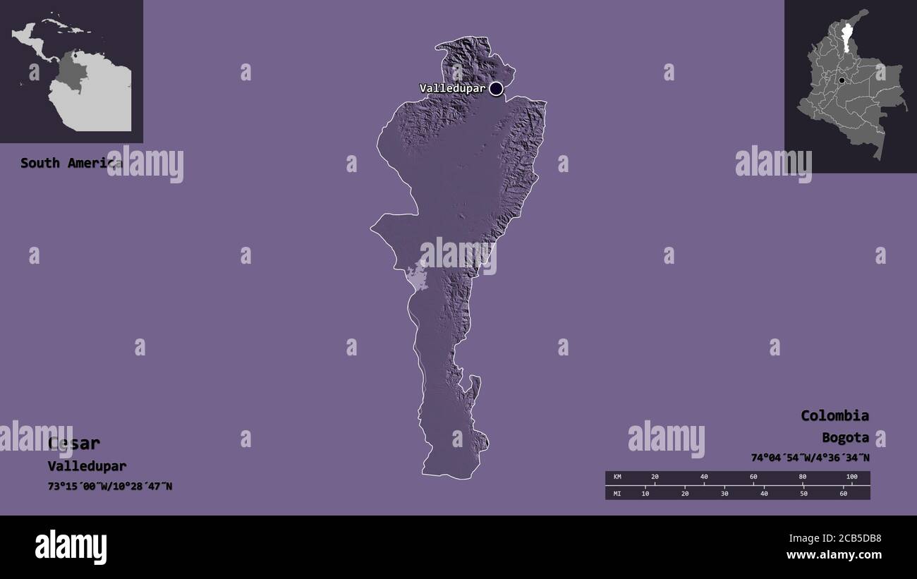 Shape of Cesar, department of Colombia, and its capital. Distance scale ...