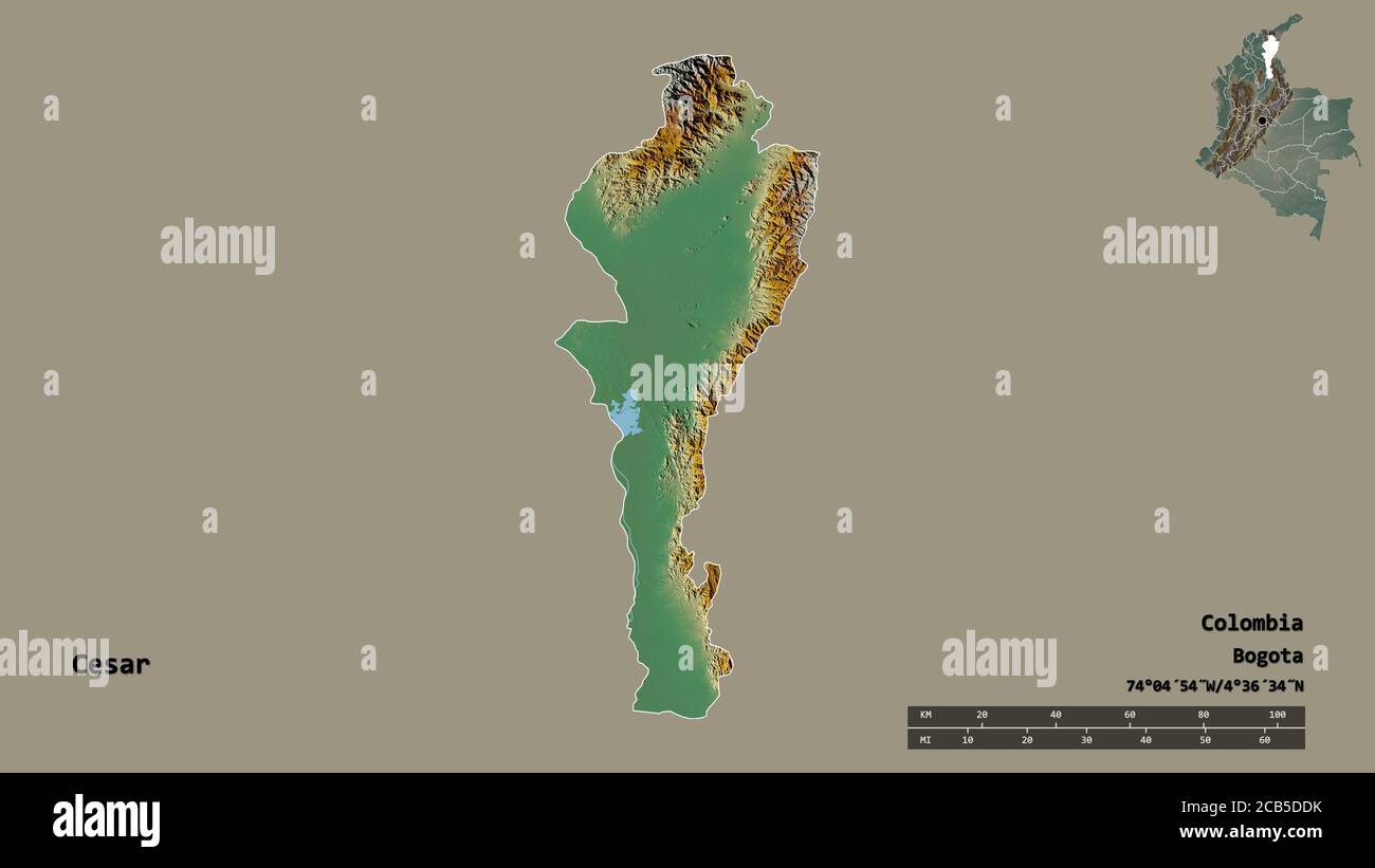 Shape of Cesar, department of Colombia, with its capital isolated on ...