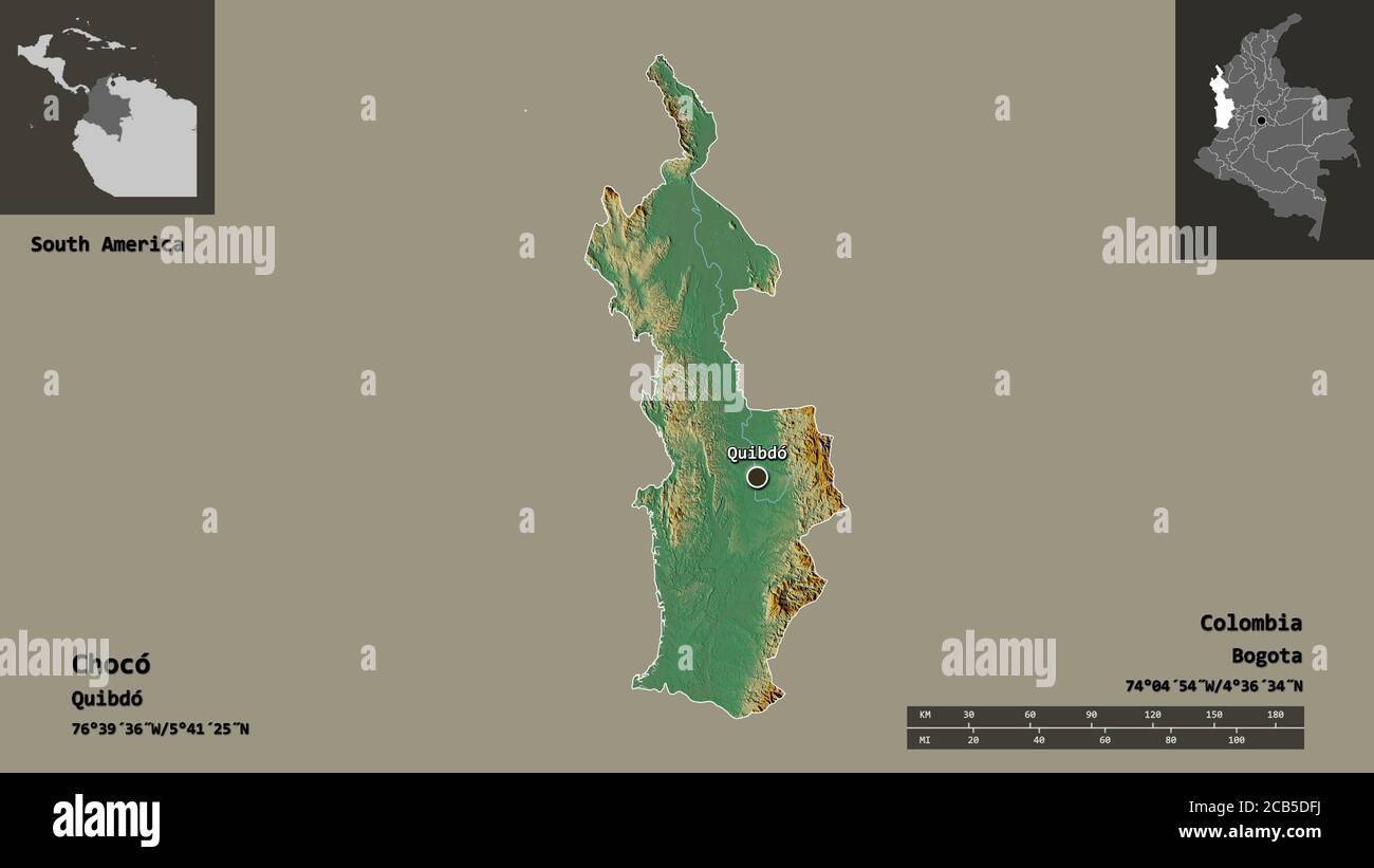 Shape of Chocó, department of Colombia, and its capital. Distance scale ...