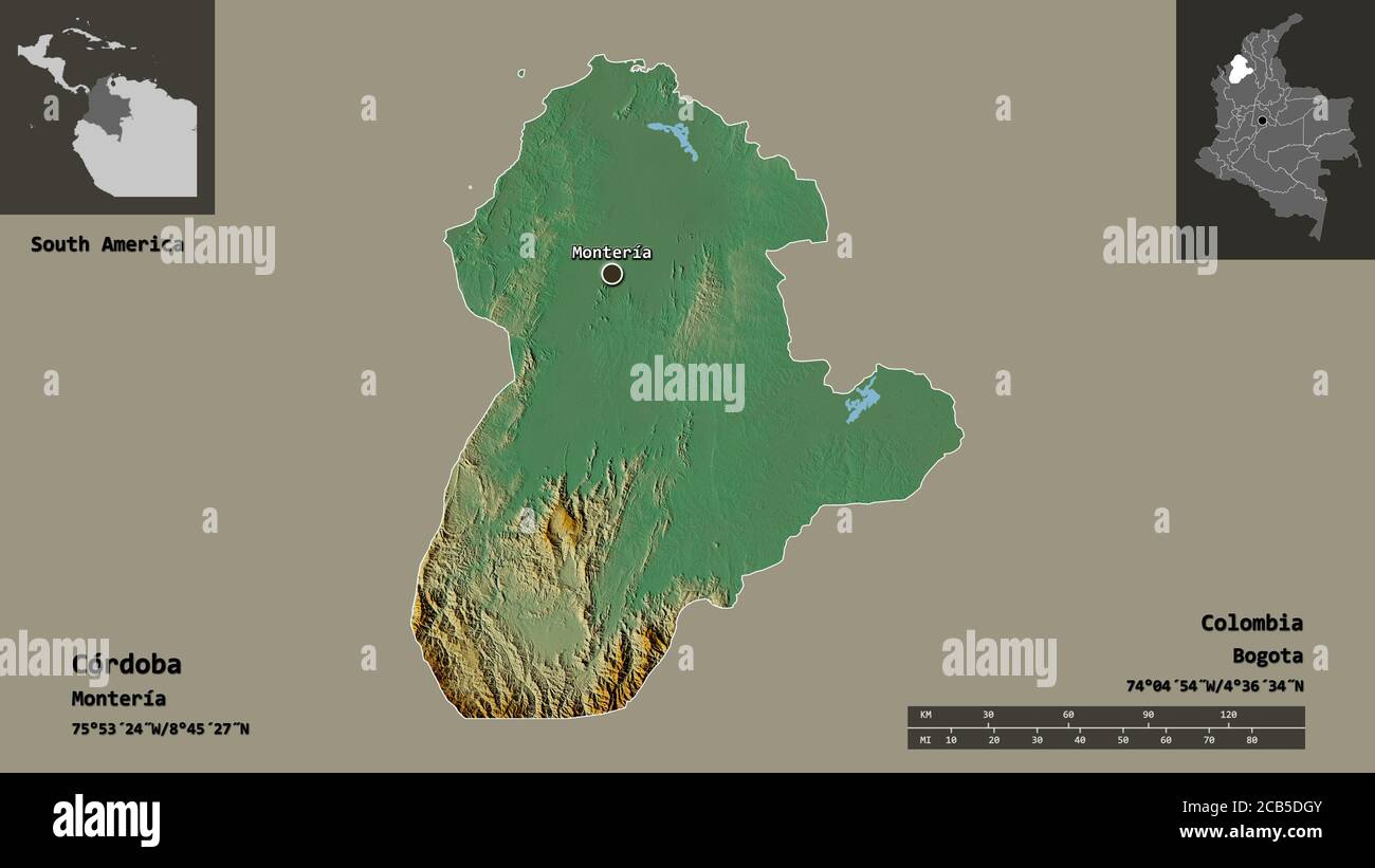 Shape of Córdoba, department of Colombia, and its capital. Distance ...