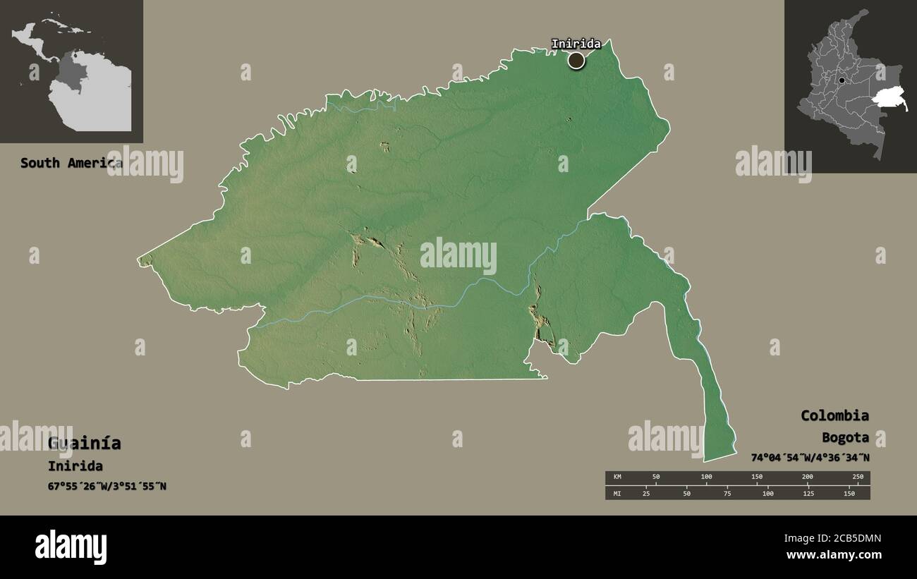 Shape of Guainía, commissiary of Colombia, and its capital. Distance ...