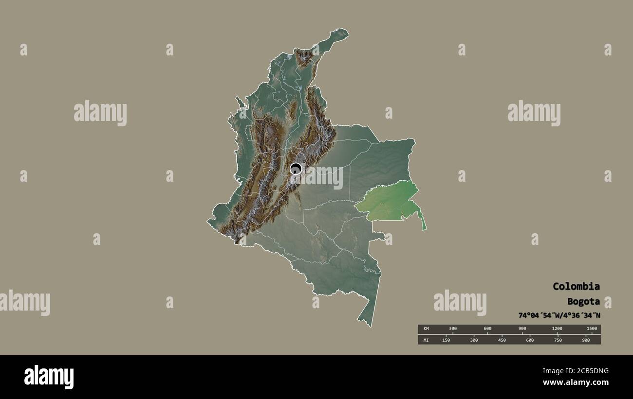 Desaturated shape of Colombia with its capital, main regional division ...