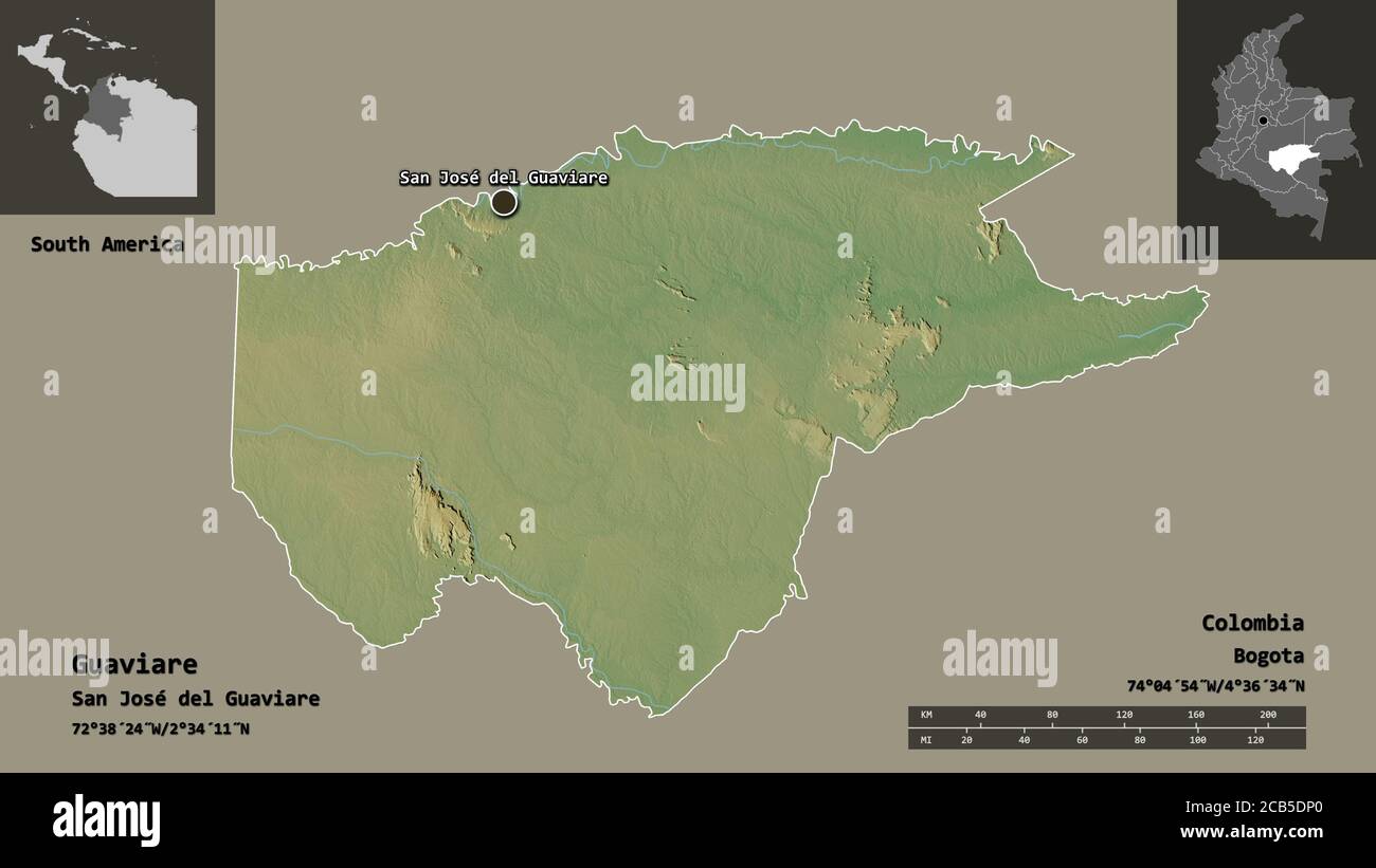 Shape of Guaviare, commissiary of Colombia, and its capital. Distance ...