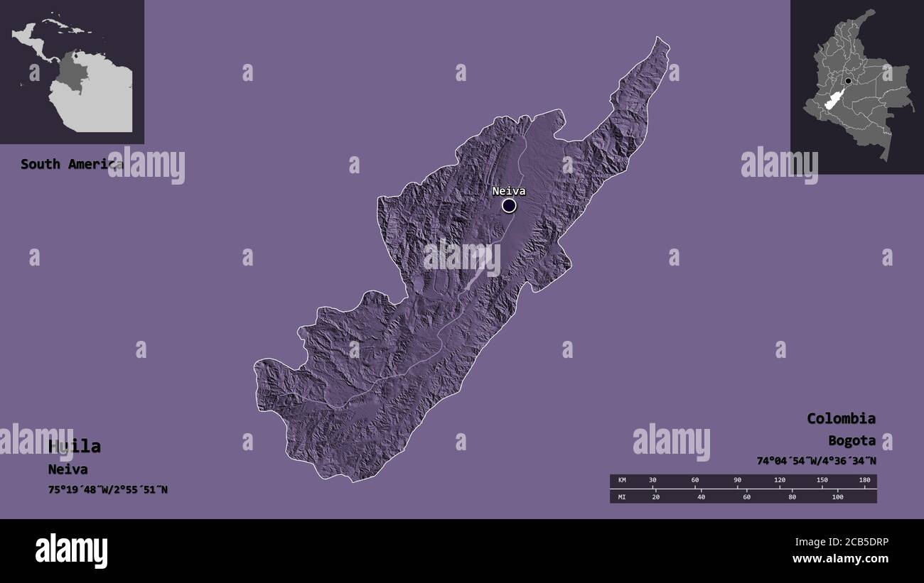 Shape of Huila, department of Colombia, and its capital. Distance scale ...