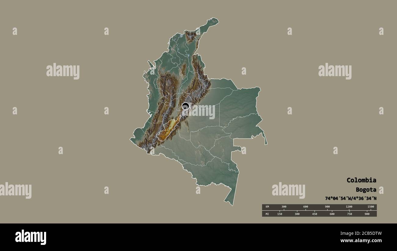 Desaturated shape of Colombia with its capital, main regional division ...