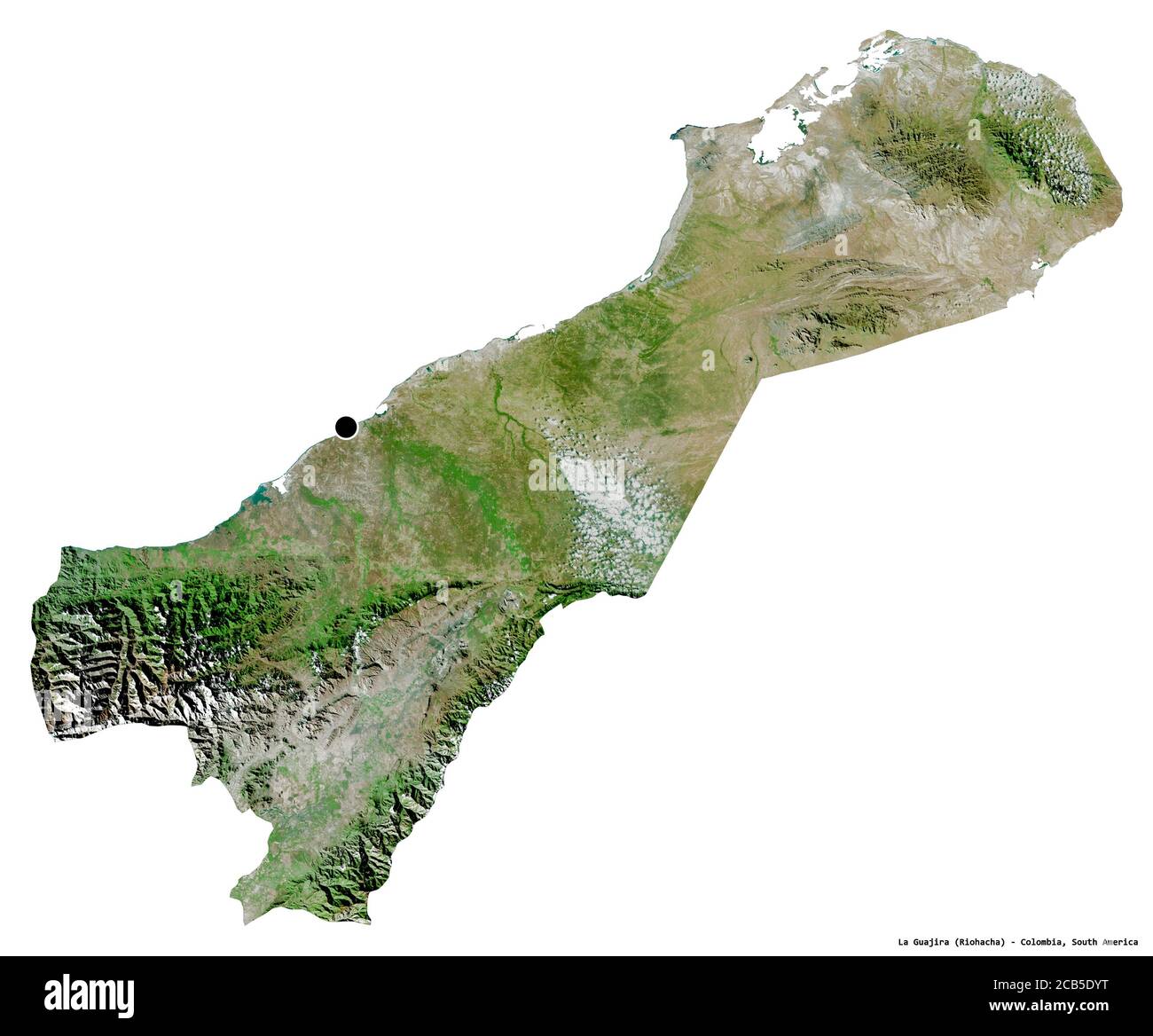 Shape of La Guajira, department of Colombia, with its capital isolated ...