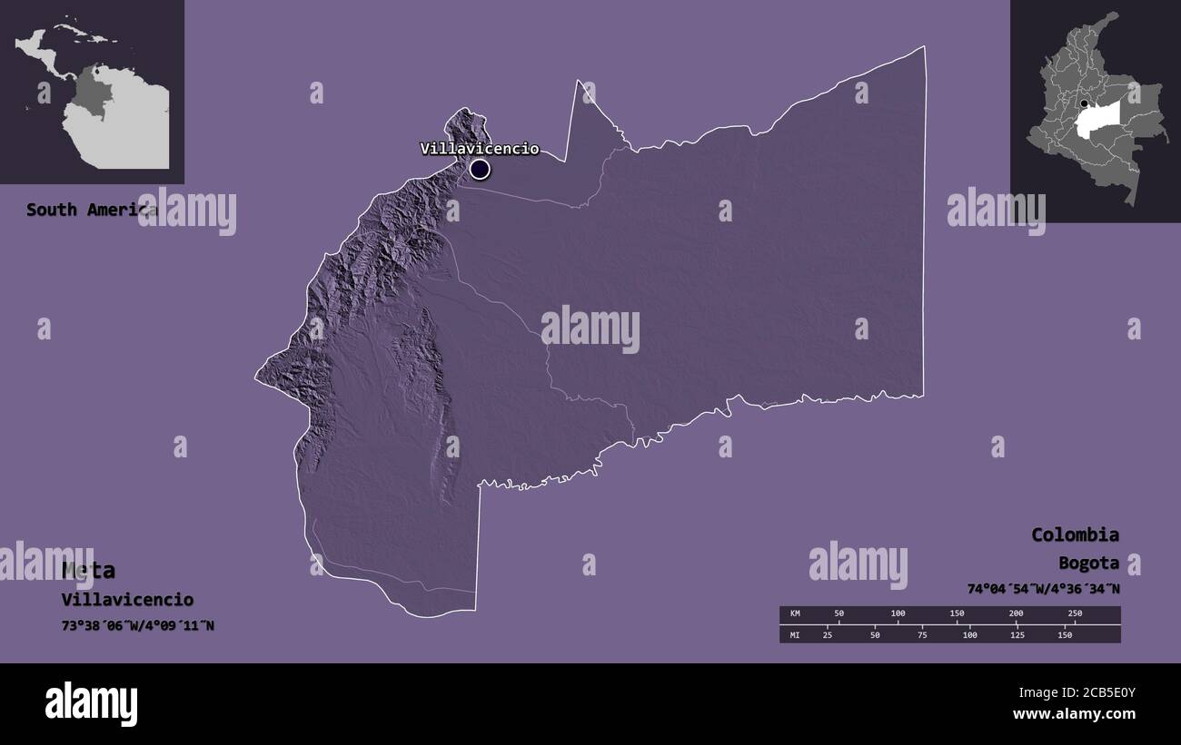 Shape of Meta, department of Colombia, and its capital. Distance scale ...