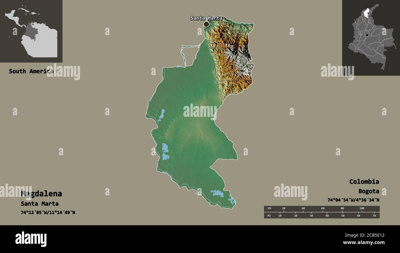 Shape of Magdalena, department of Colombia, and its capital. Distance ...