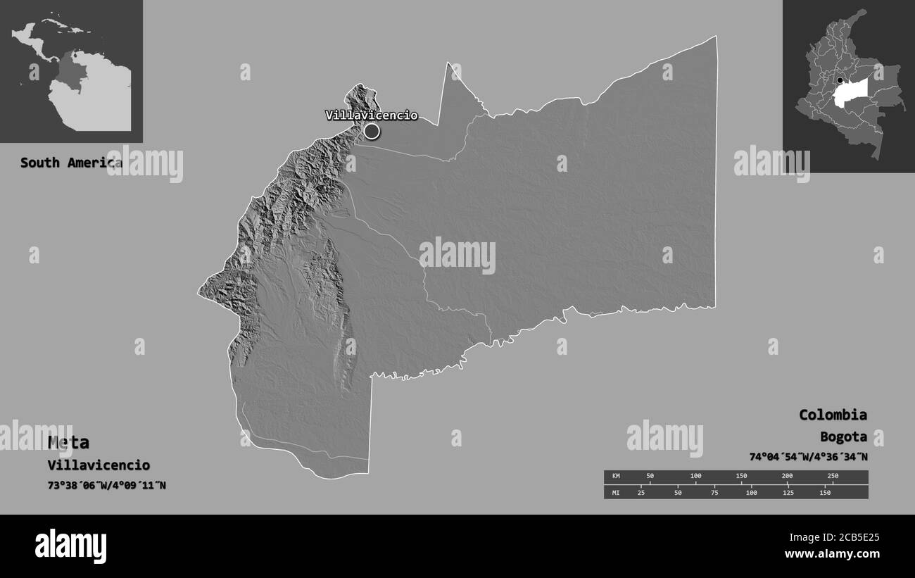 Shape of Meta, department of Colombia, and its capital. Distance scale ...