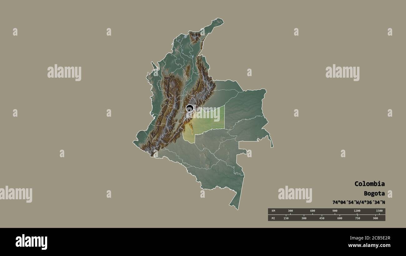 Desaturated shape of Colombia with its capital, main regional division ...