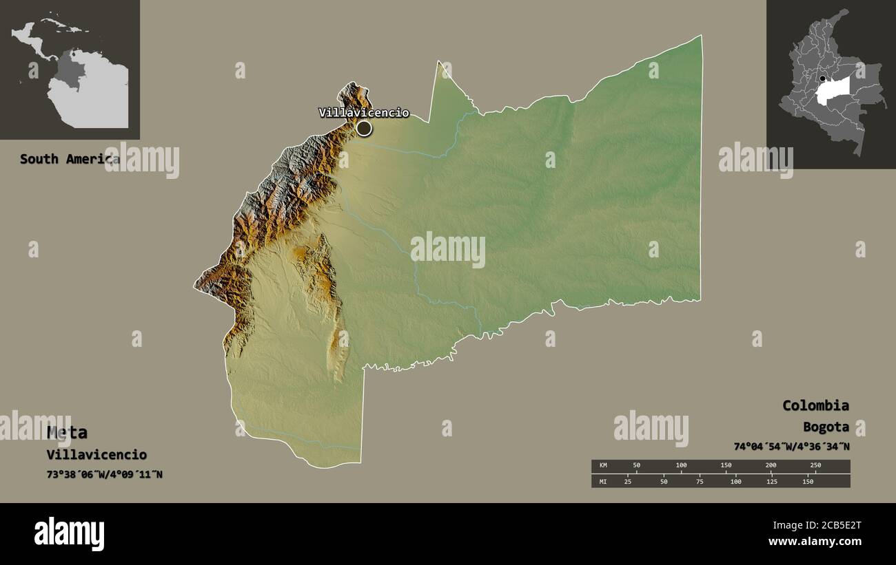 Shape of Meta, department of Colombia, and its capital. Distance scale ...