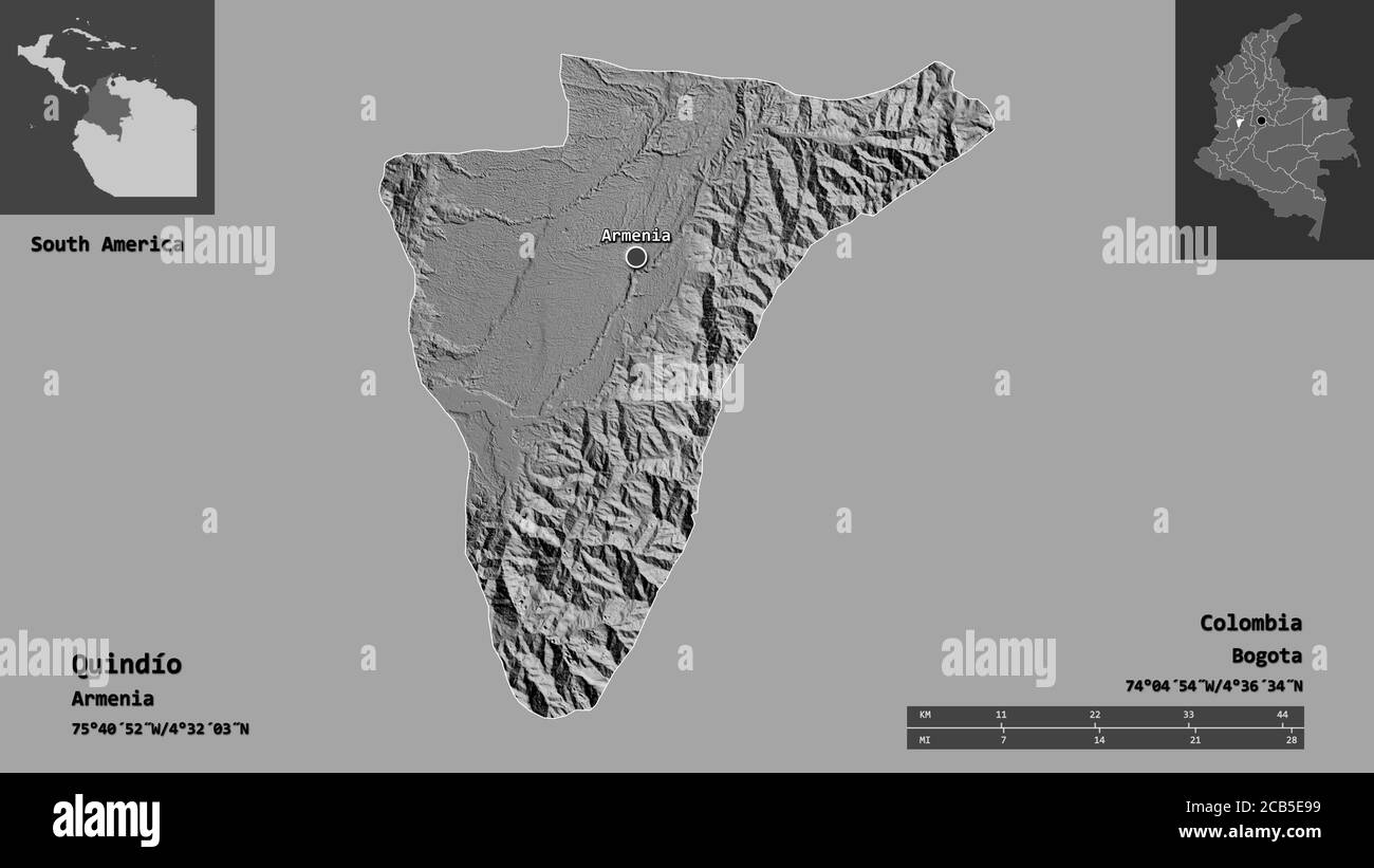 Shape of Quindío, department of Colombia, and its capital. Distance ...