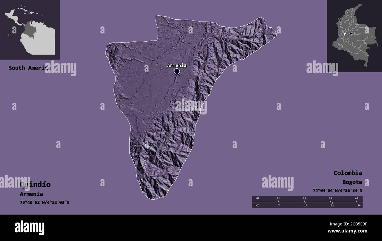 Shape of Quindío, department of Colombia, and its capital. Distance ...