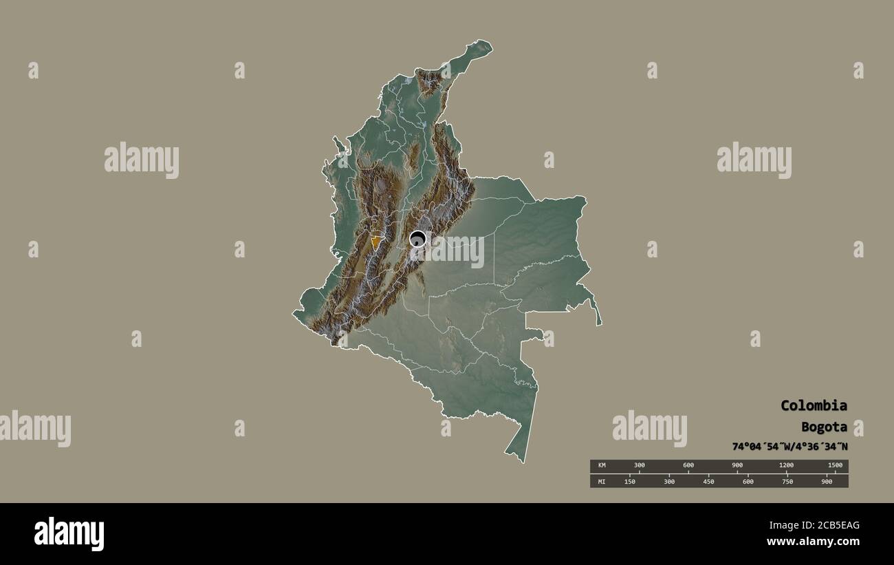 Desaturated shape of Colombia with its capital, main regional division ...