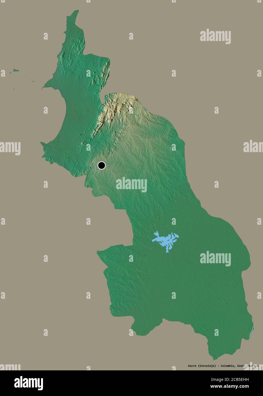 Shape of Sucre, department of Colombia, with its capital isolated on a ...