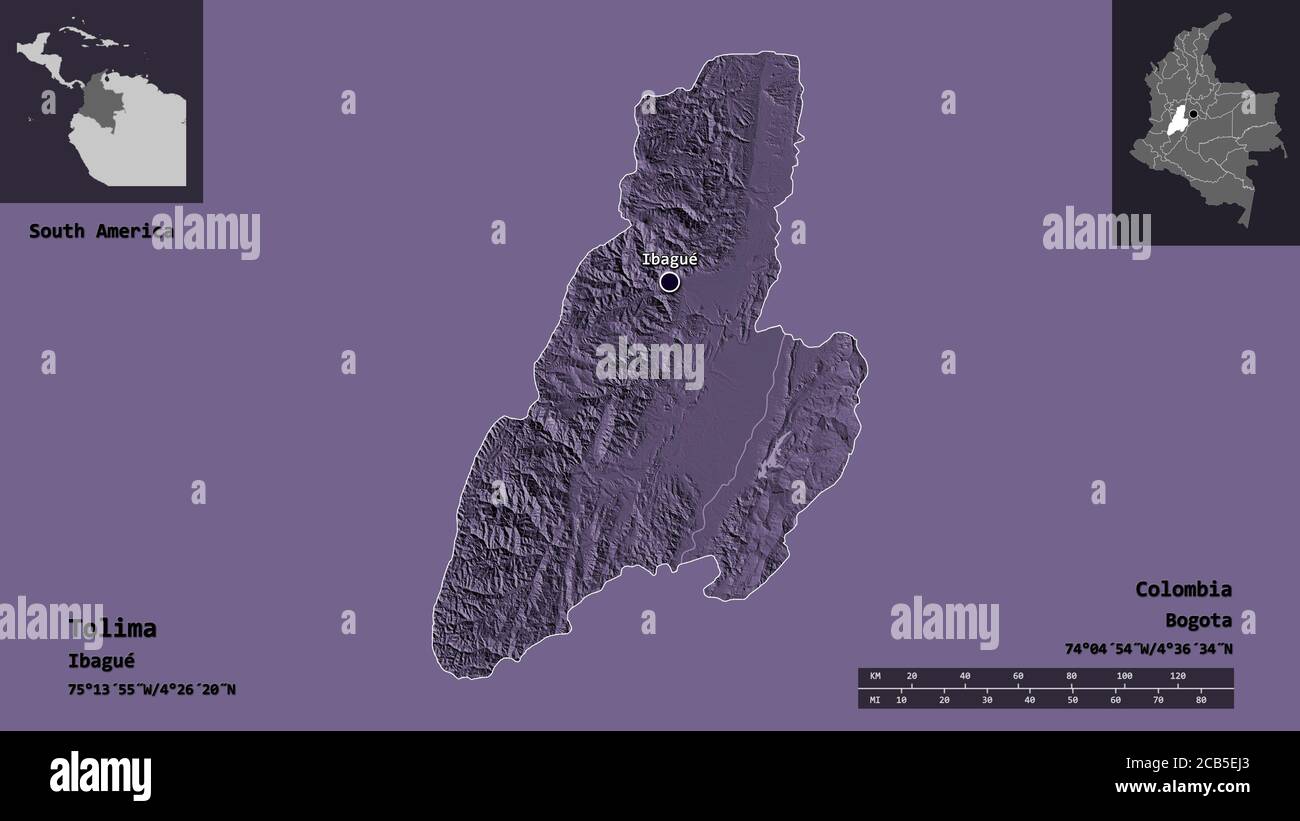 Shape of Tolima, department of Colombia, and its capital. Distance ...