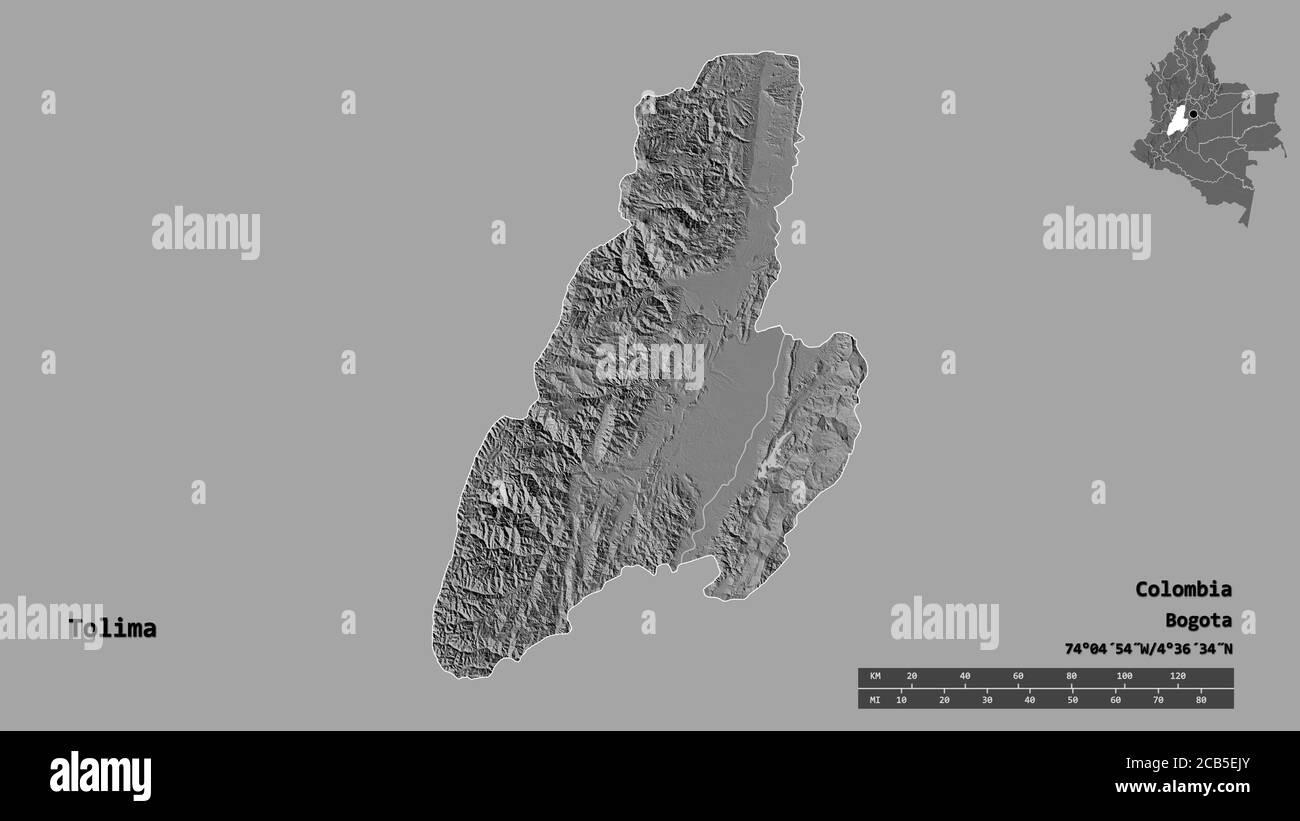 Shape of Tolima, department of Colombia, with its capital isolated on ...