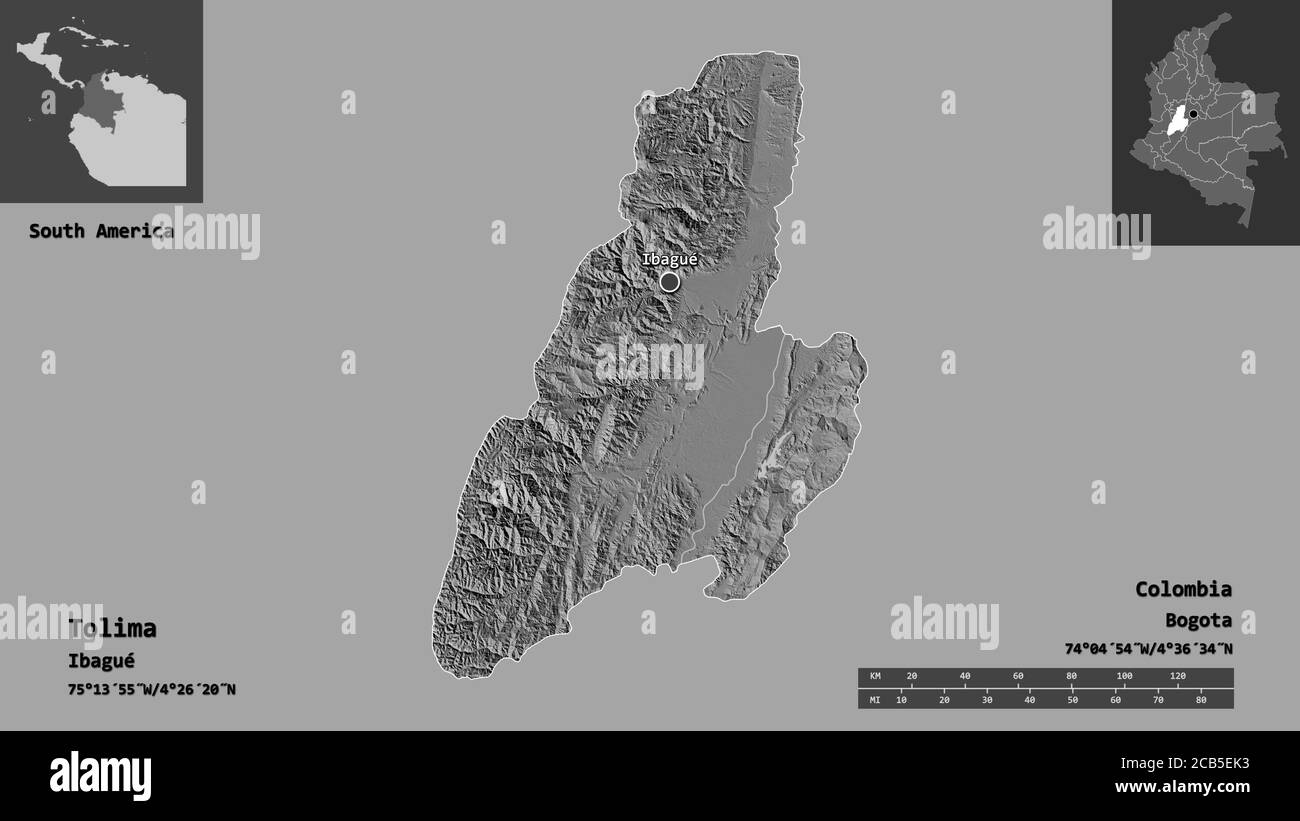 Shape of Tolima, department of Colombia, and its capital. Distance ...