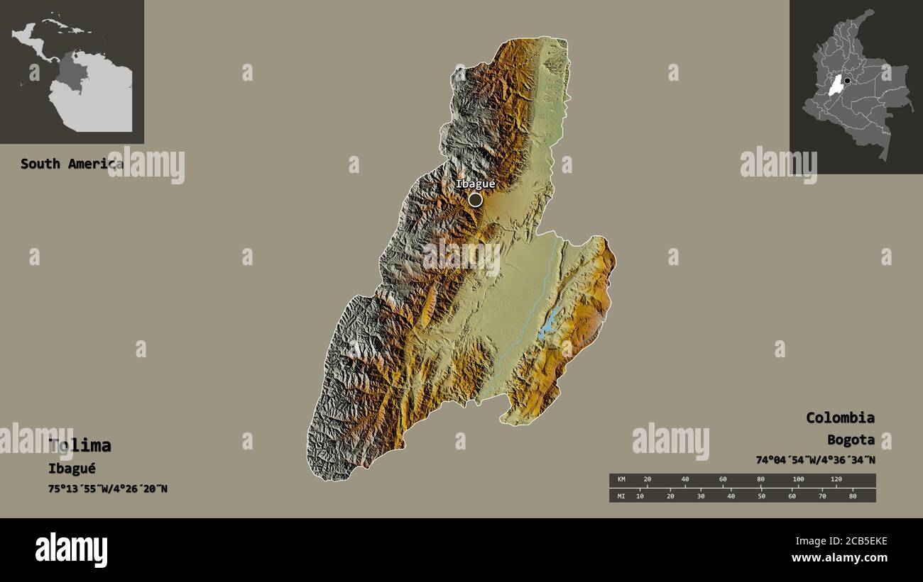 Shape of Tolima, department of Colombia, and its capital. Distance ...
