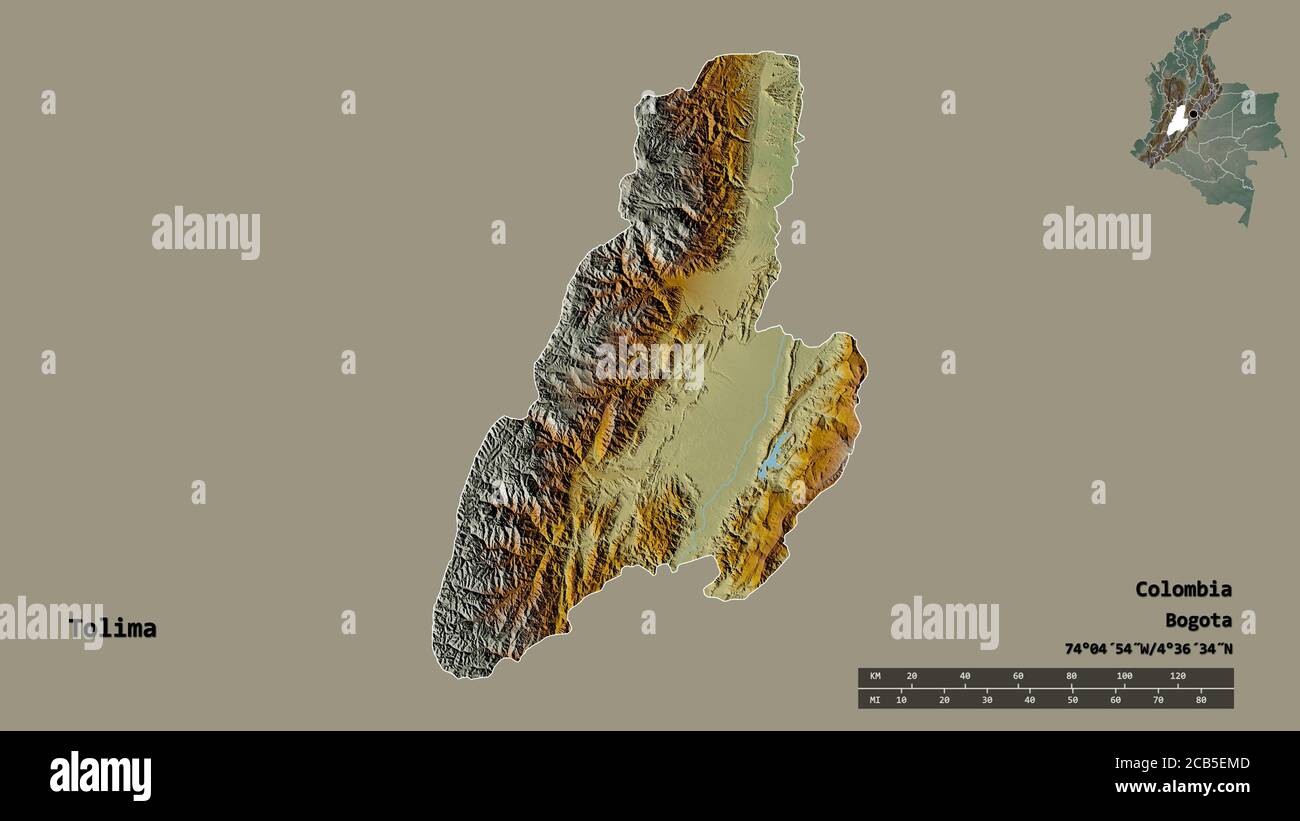 Shape of Tolima, department of Colombia, with its capital isolated on ...