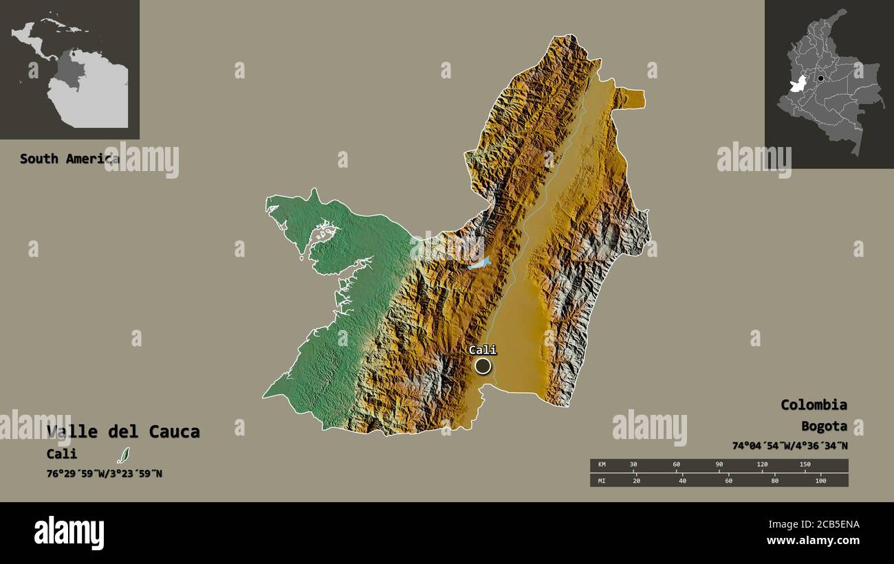 Shape of Valle del Cauca, department of Colombia, and its capital ...