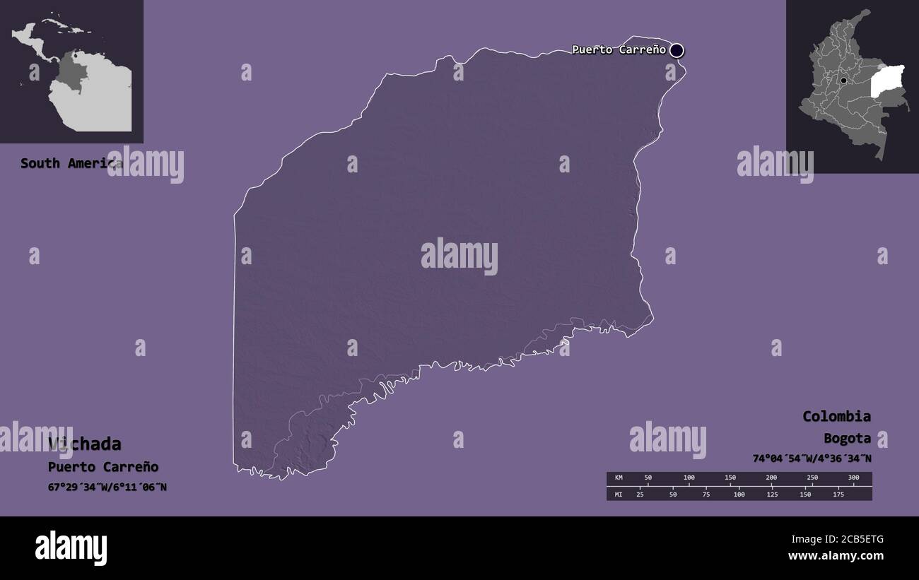 Shape of Vichada, commissiary of Colombia, and its capital. Distance ...