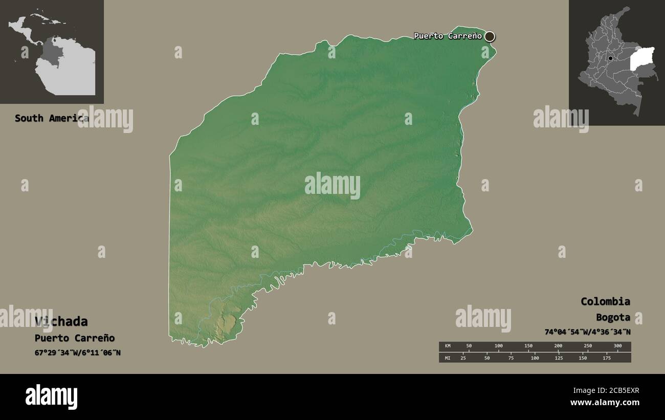 Shape of Vichada, commissiary of Colombia, and its capital. Distance ...