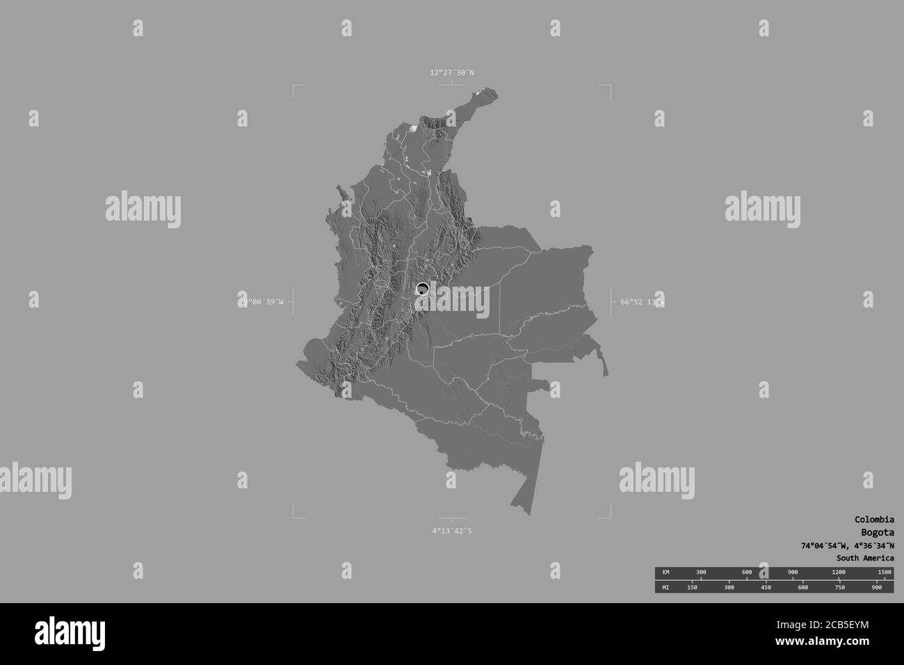 Area of Colombia isolated on a solid background in a georeferenced ...