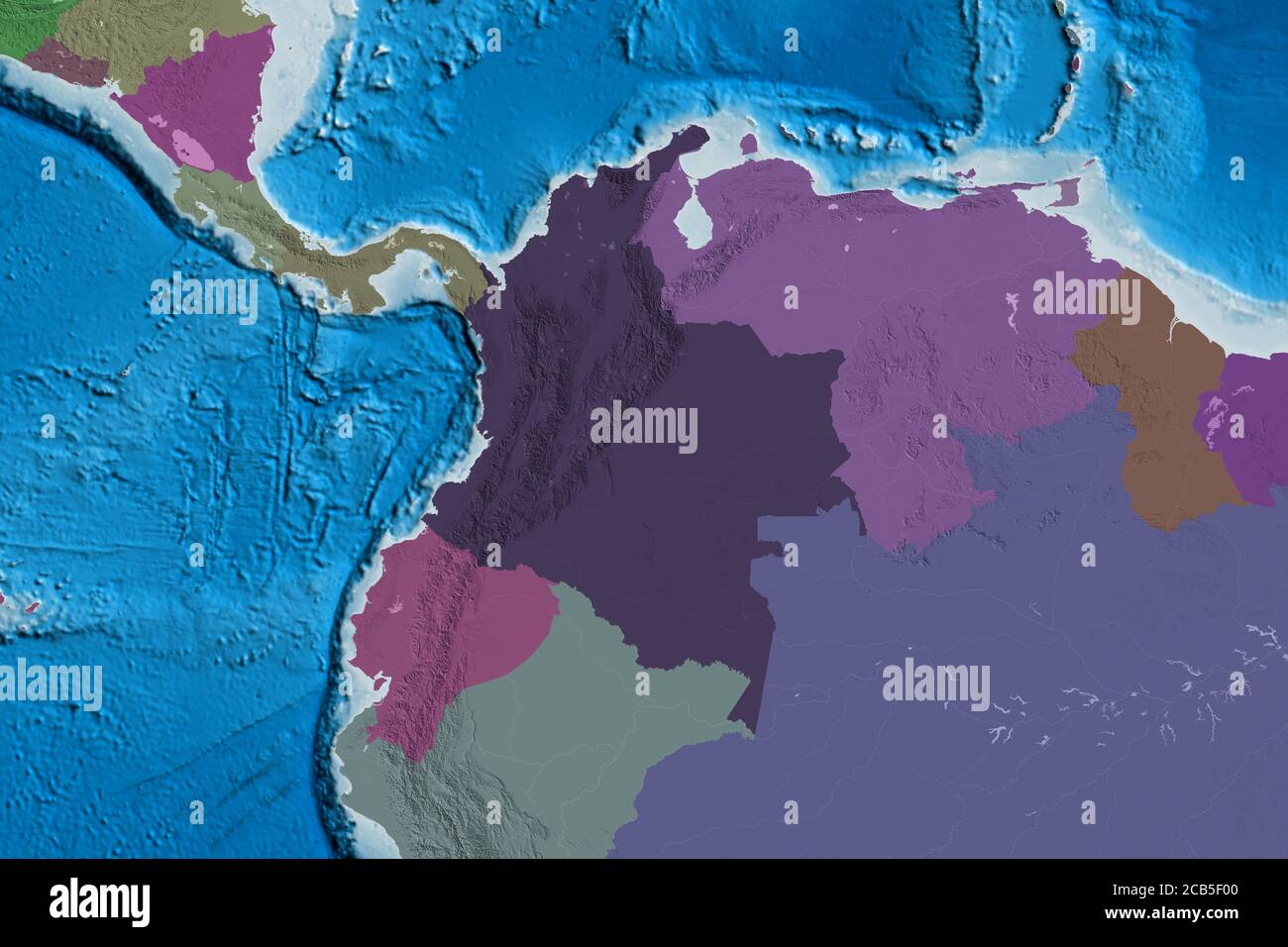 Extended area of Colombia. Colored elevation map. 3D rendering Stock ...