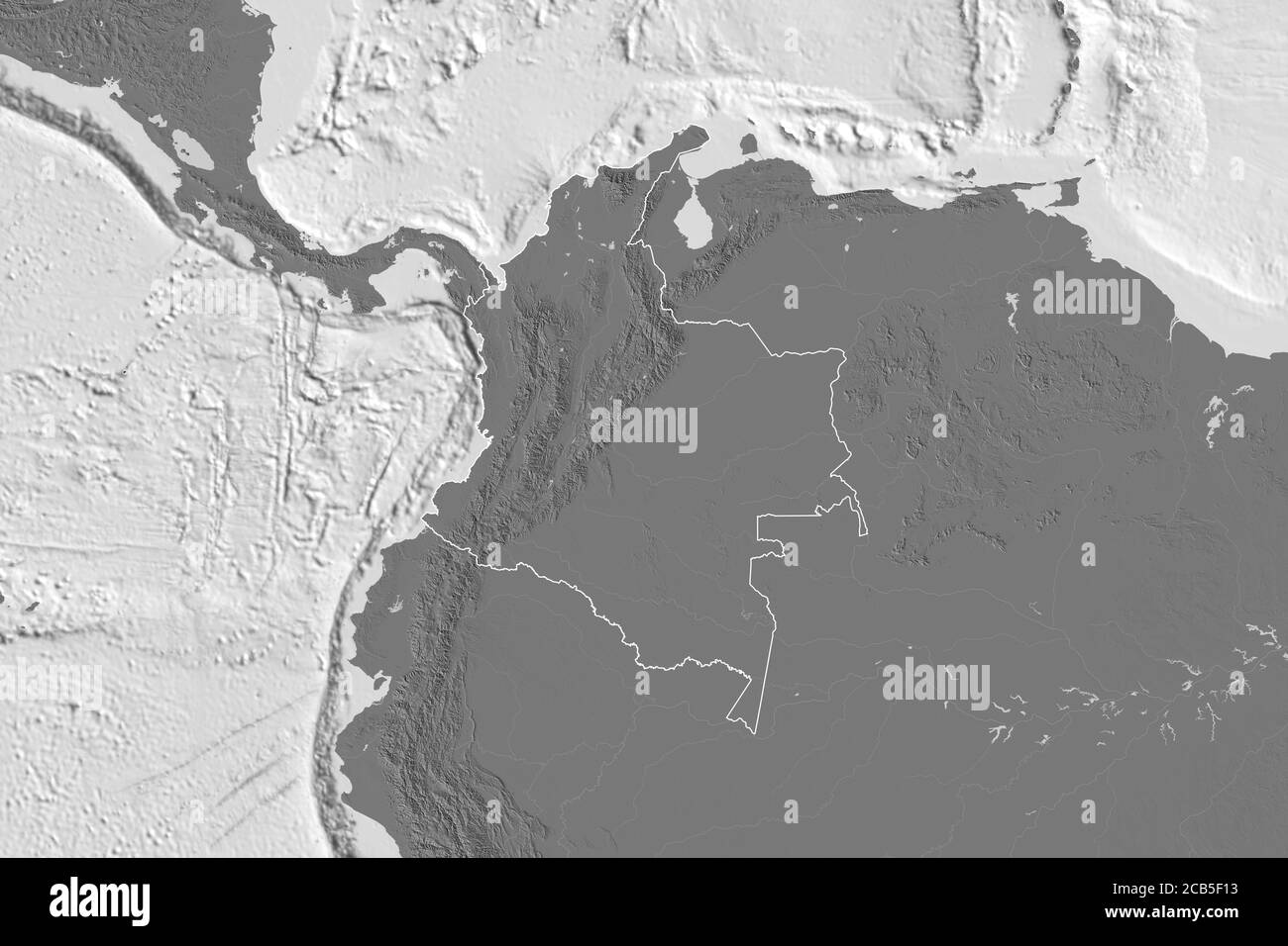 Extended area of outlined Colombia. Bilevel elevation map. 3D rendering ...