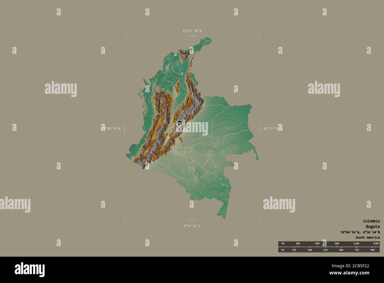 Area of Colombia isolated on a solid background in a georeferenced ...