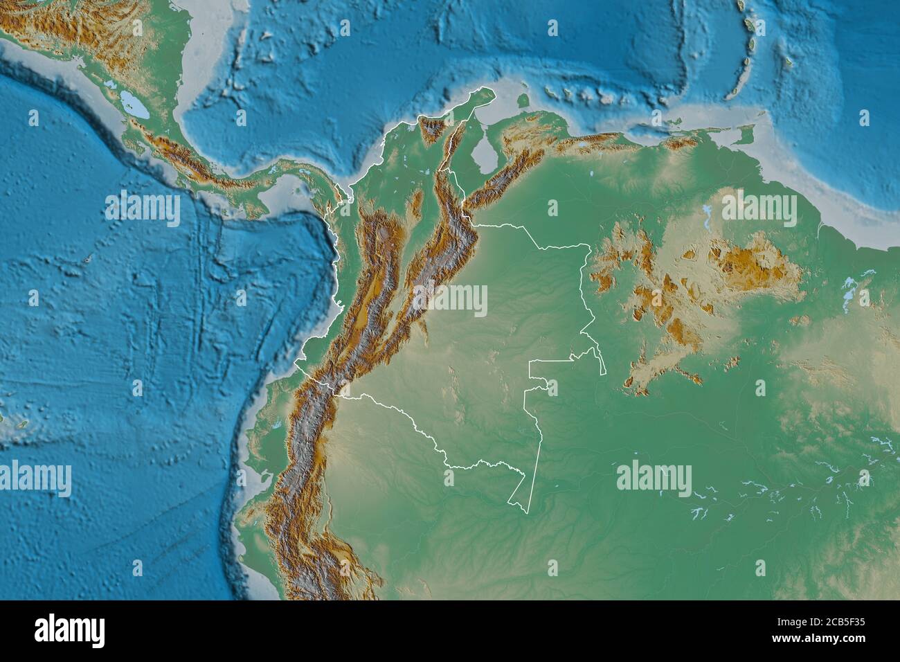 Extended area of outlined Colombia. Topographic relief map. 3D ...