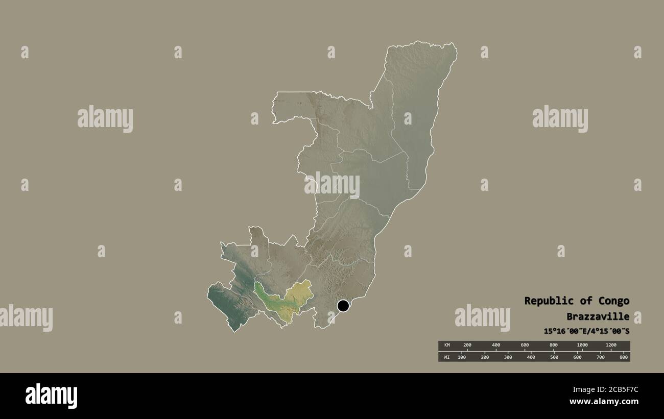 Desaturated shape of Republic of Congo with its capital, main regional ...