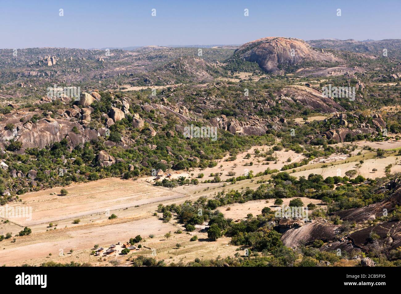 Matobo hills, natural rock formations and local farm, from hilltop of ...