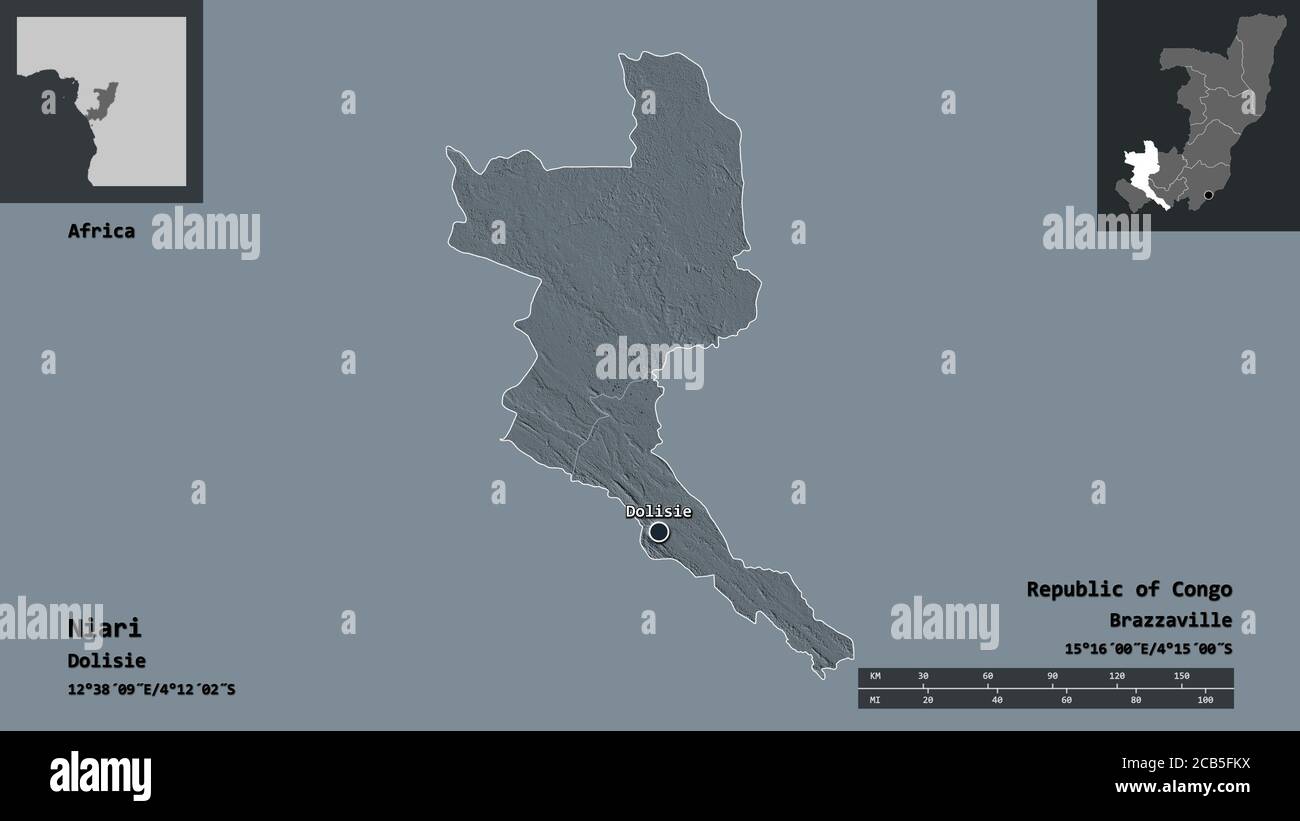 Shape of Niari, region of Republic of Congo, and its capital. Distance ...