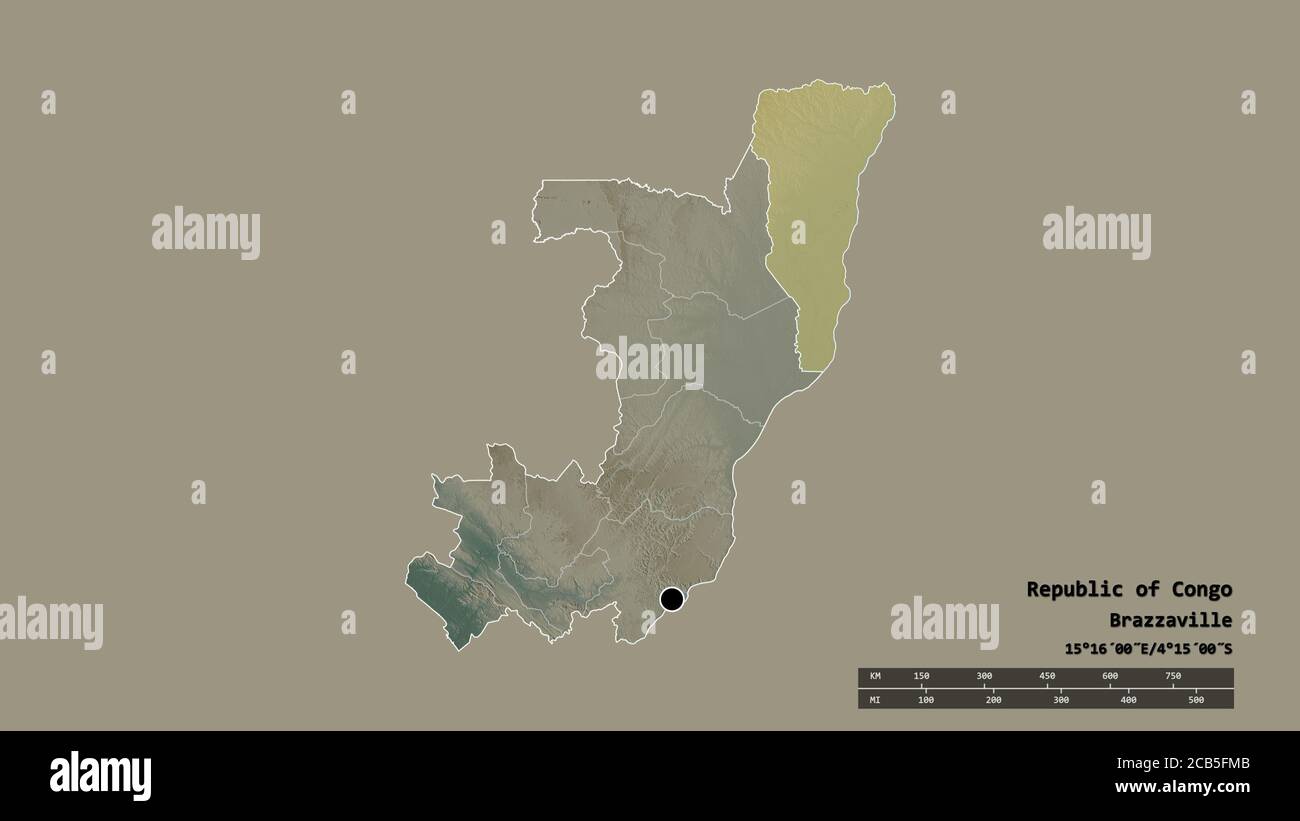Desaturated shape of Republic of Congo with its capital, main regional ...