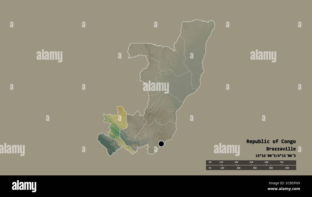 Desaturated shape of Republic of Congo with its capital, main regional ...