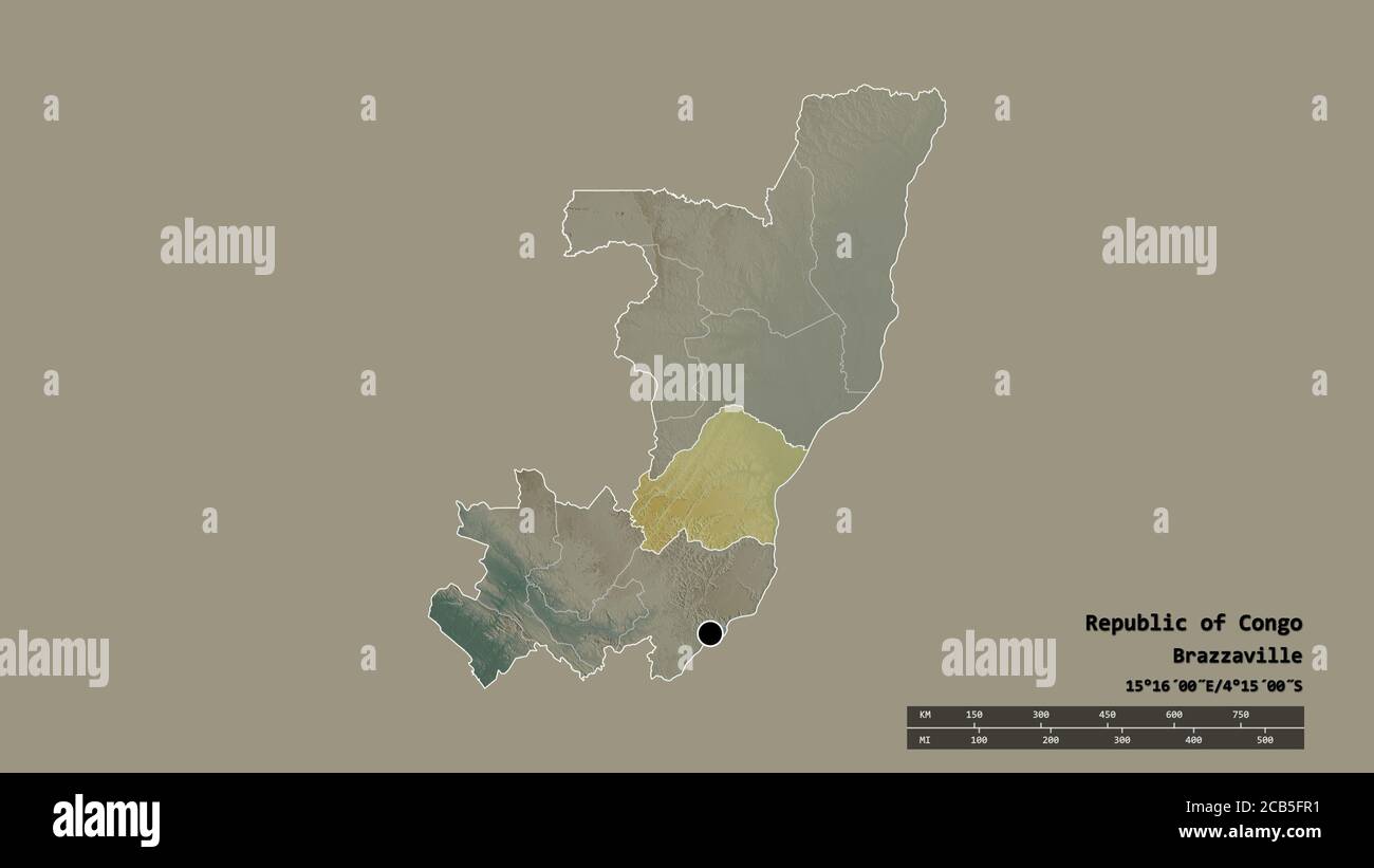 Desaturated shape of Republic of Congo with its capital, main regional ...
