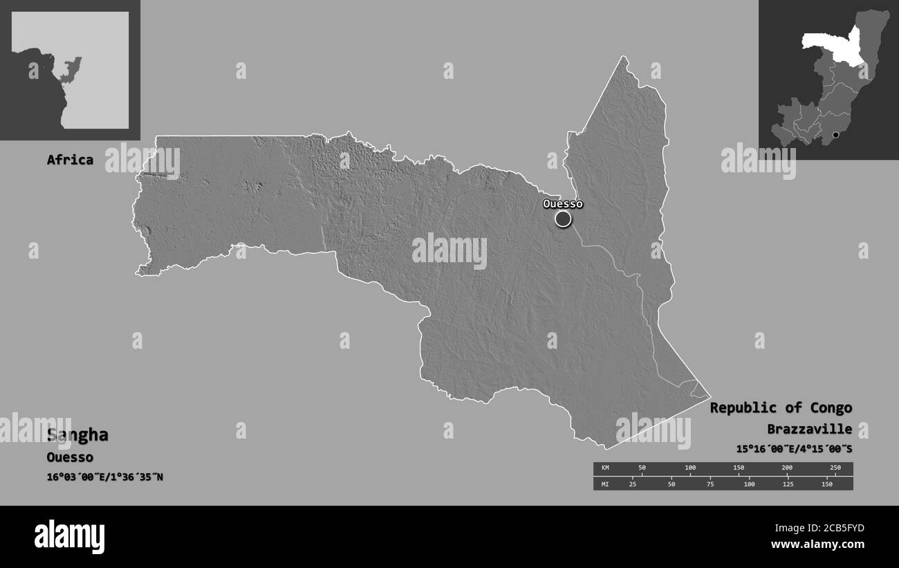 Shape of Sangha, region of Republic of Congo, and its capital. Distance ...