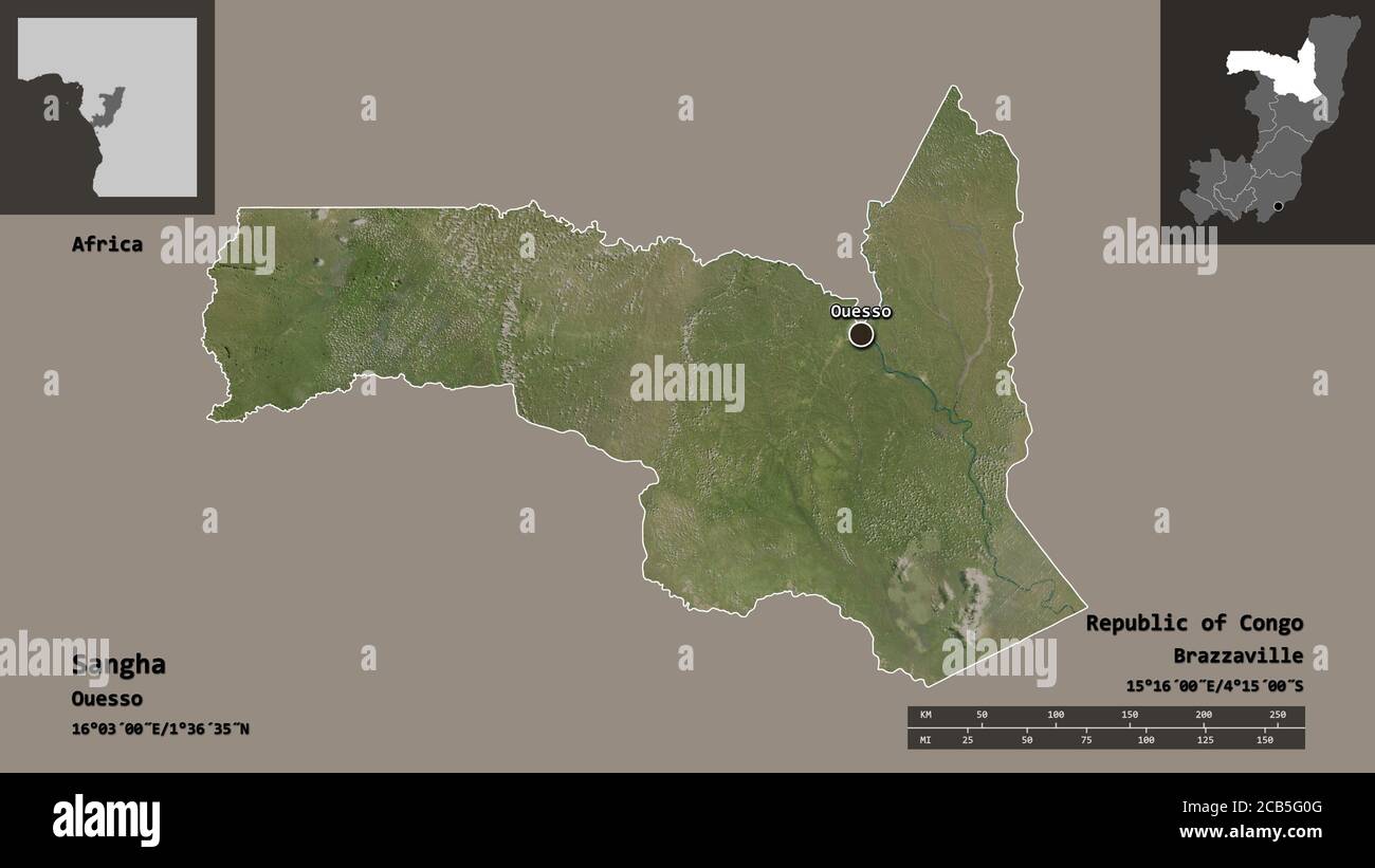 Shape of Sangha, region of Republic of Congo, and its capital. Distance ...