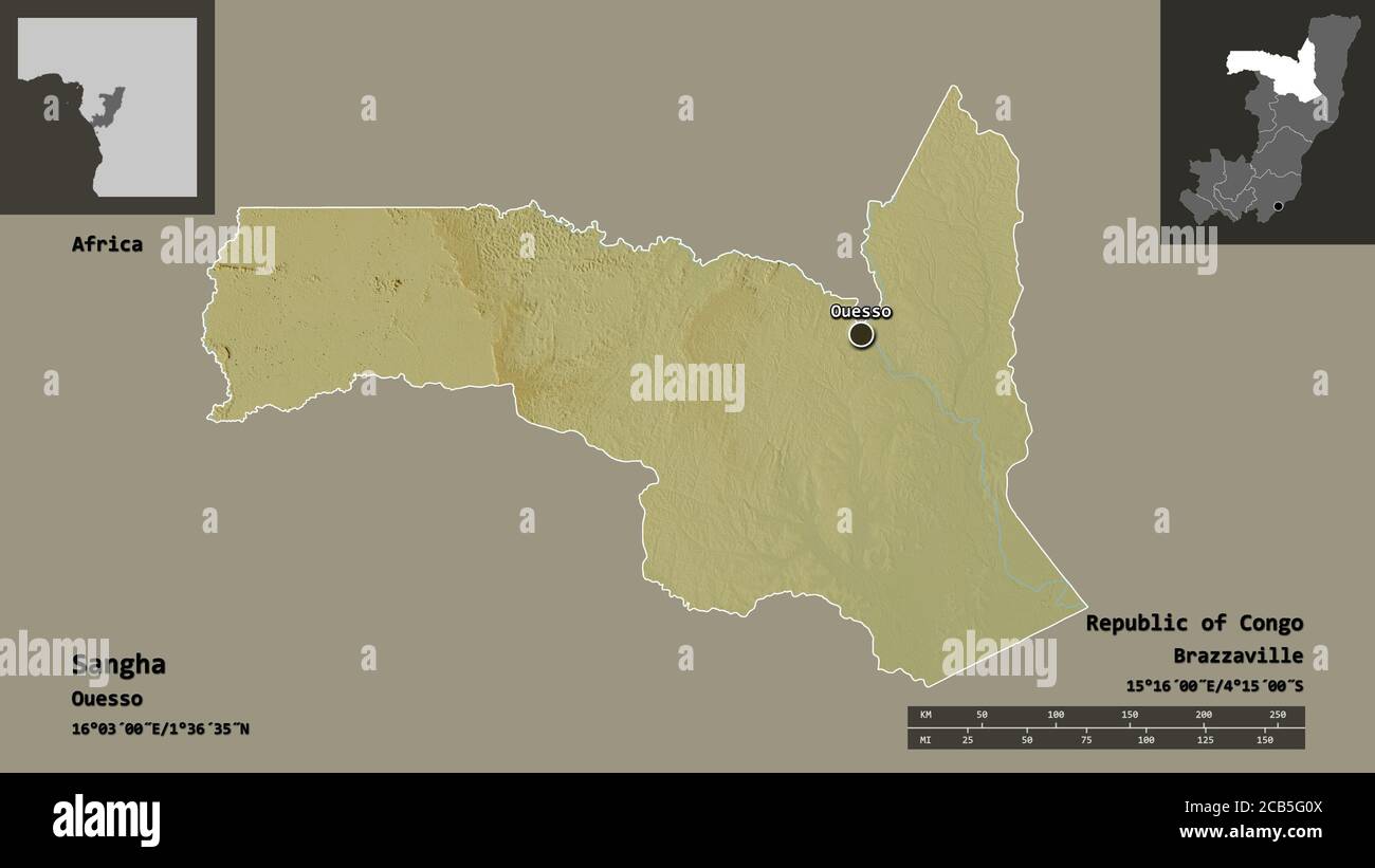 Shape of Sangha, region of Republic of Congo, and its capital. Distance ...