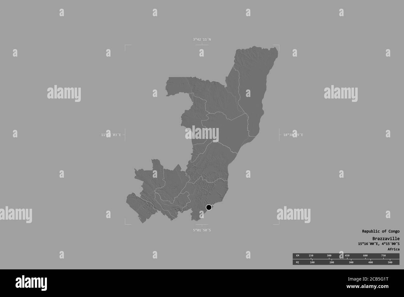 Area of Republic of Congo isolated on a solid background in a ...