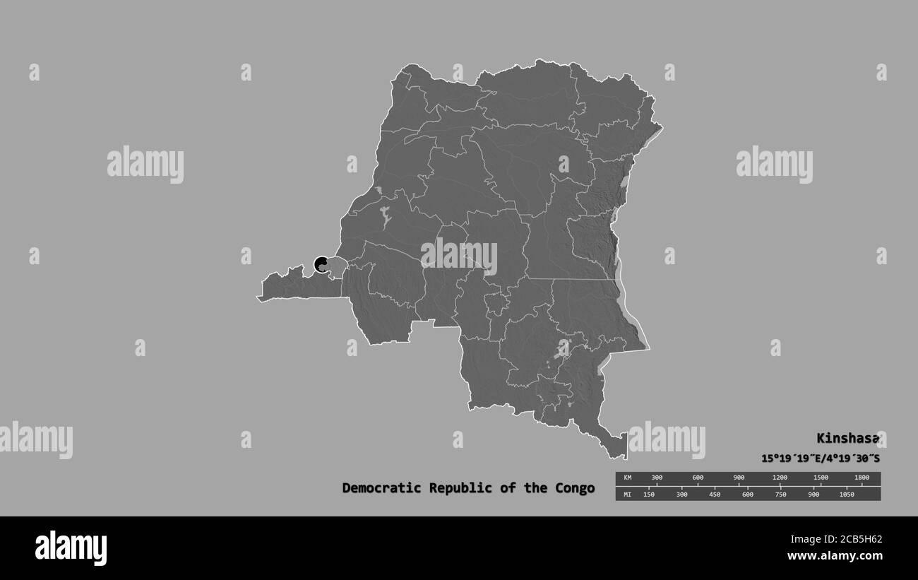 Desaturated shape of Democratic Republic of the Congo with its capital ...
