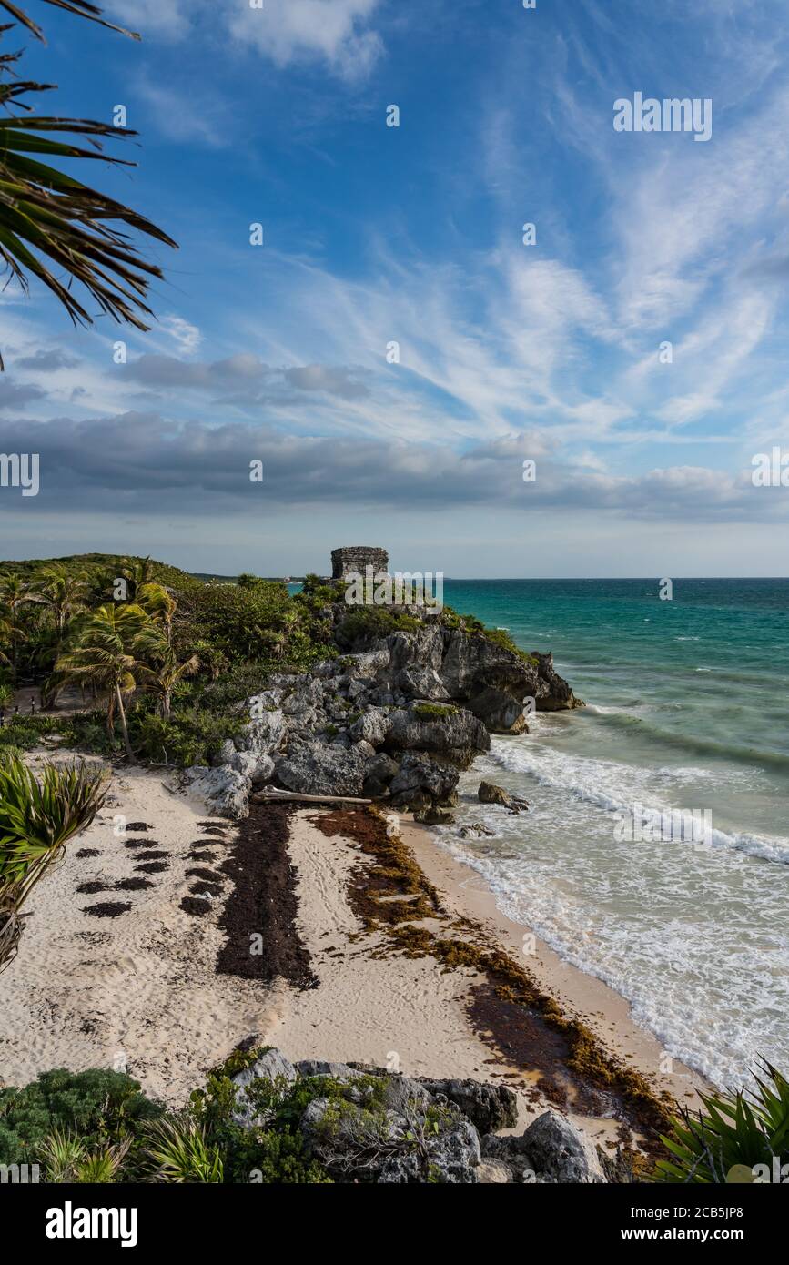 The Temple of the Wind God in the ruins of the Mayan city of Tulum on ...
