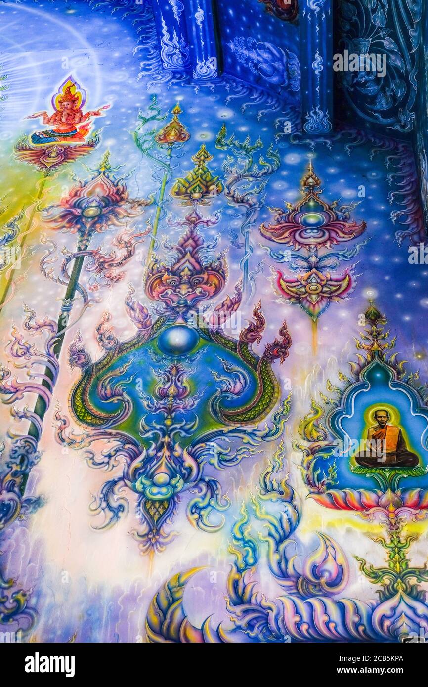 Intricate murals on the wall of Wat Rong Sua Ten (aka The Blue Temple ...