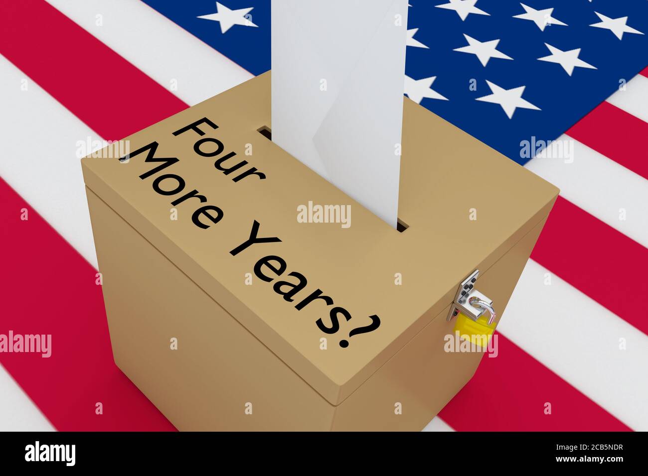 3D illustration of Four More Years? script on a ballot box, with US ...