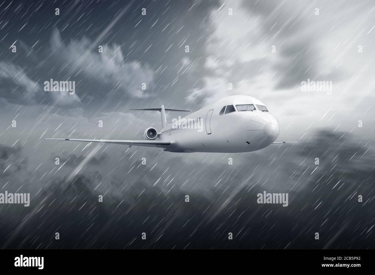 Airplane flying in the air with rainy weather Stock Photo - Alamy